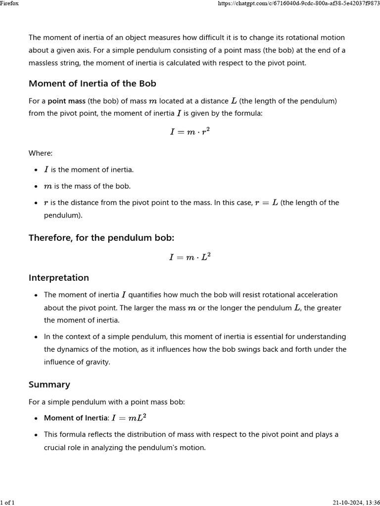 Moment of Inertia for Pendulum Bob | PDF