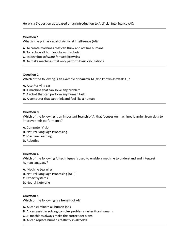 AI Quiz: Introduction and Models | PDF | Artificial Intelligence ...