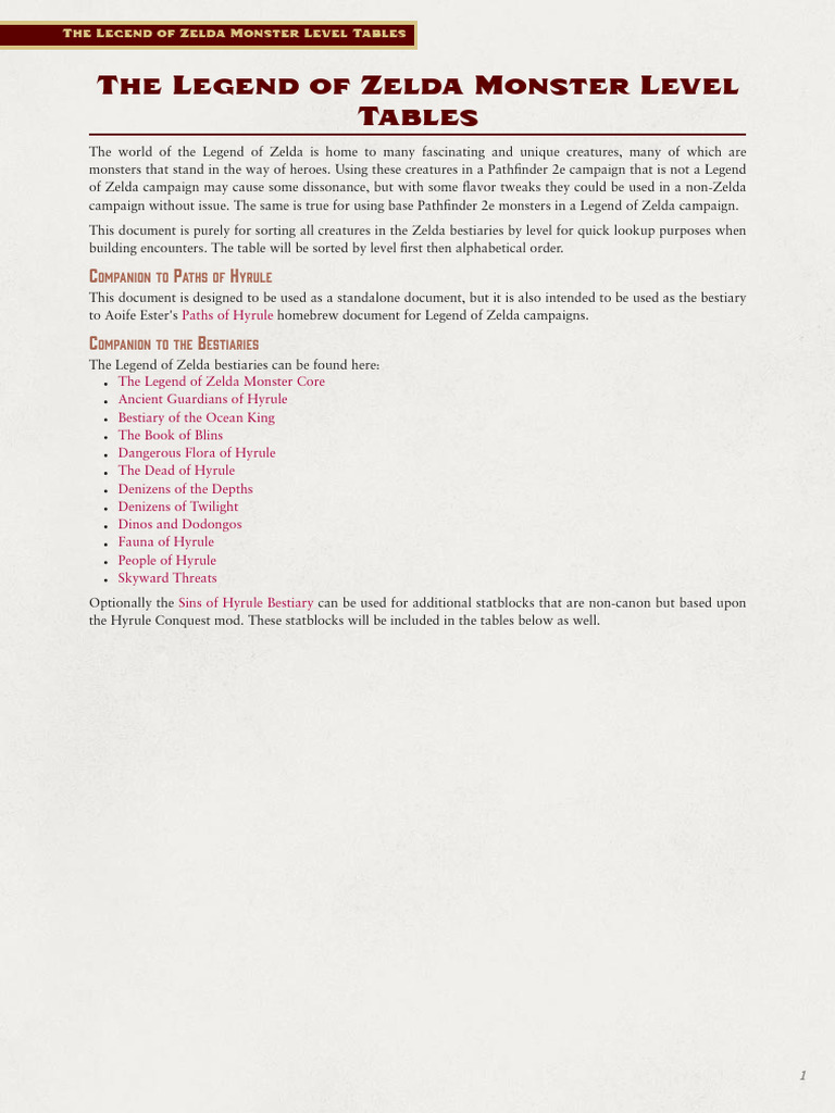 The Legend of Zelda Monster Level Tables | PDF | The Legend Of Zelda ...