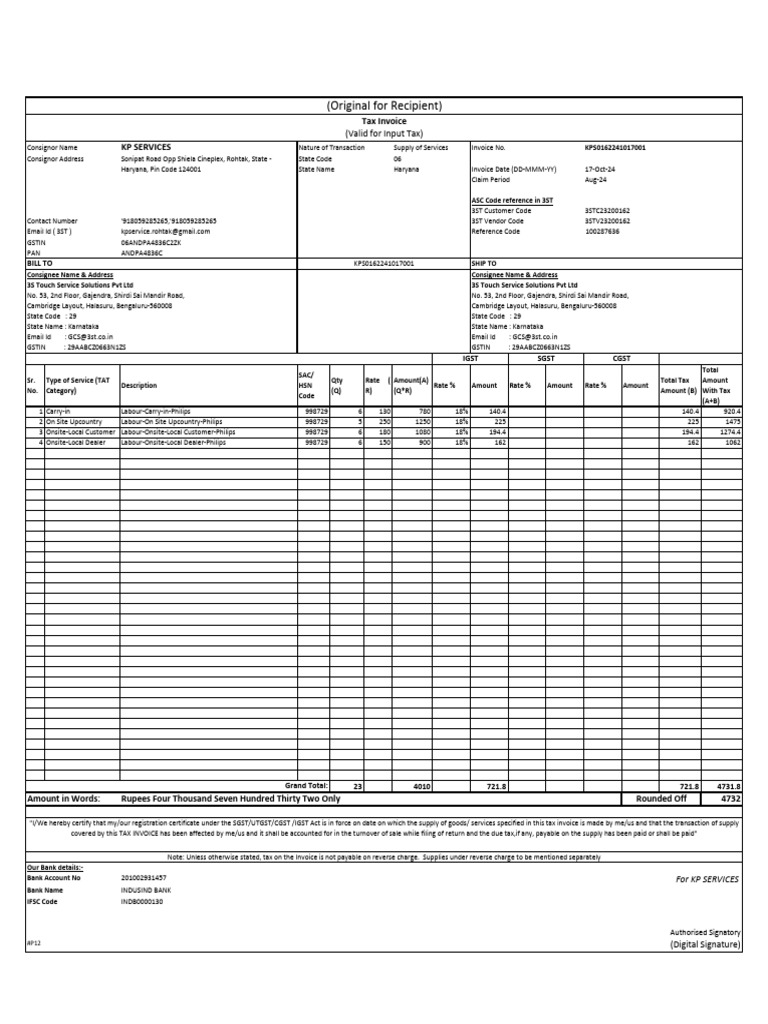 Invoice 3STC23200162 Aug-24 | PDF | Invoice | Taxes