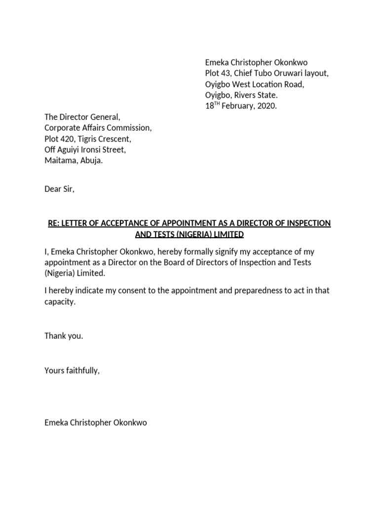 Acceptance of Director Appointment Letter | PDF