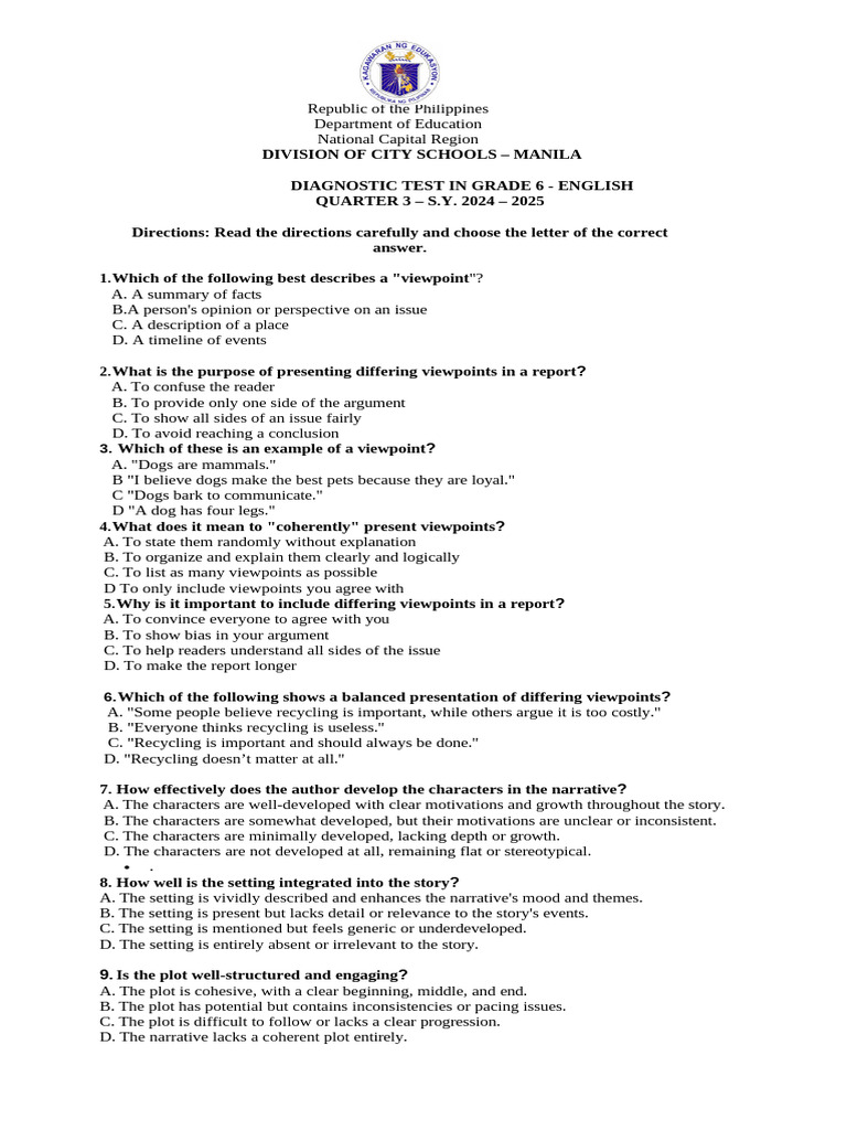 Grade 6 Q3 - Diagnostic Test | PDF | Plot (Narrative) | Argument