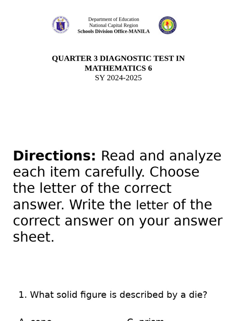 Grade 6 Mathematics Diagnostic Test | PDF | Area | Geometry