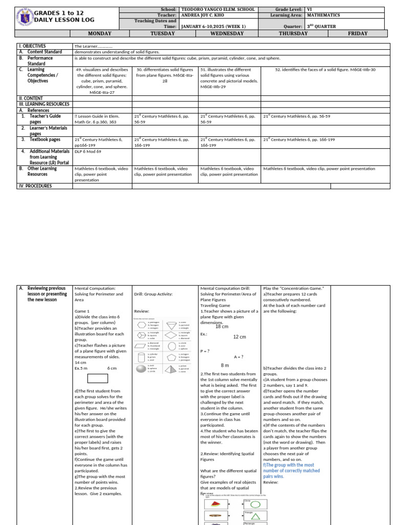 DLL - Mathematics 6 - Q3 - W1 | PDF | Shape | Triangle
