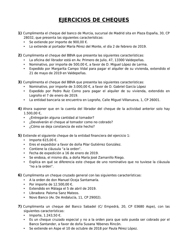 Ejercicios Cheques | PDF | Cheque