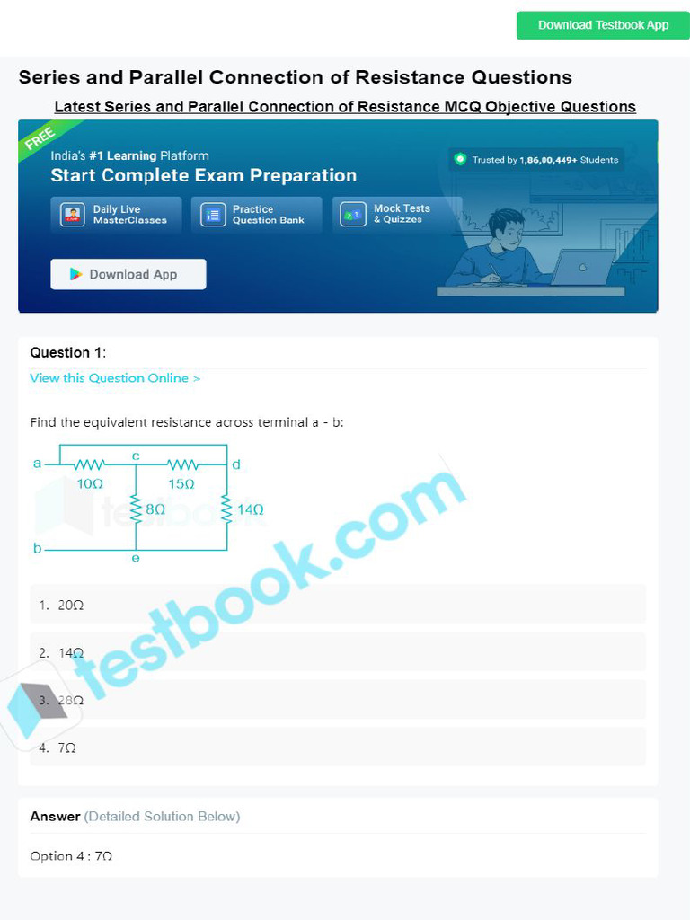 MCQ On Series and Parallel Connection of Resistence | PDF