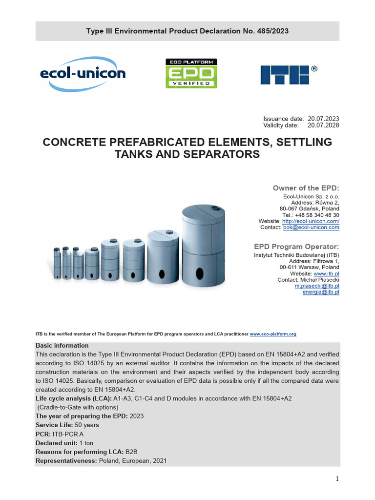 Itb Epd NR 485 Concrete Prefabricated Elements Settling Tanks and ...