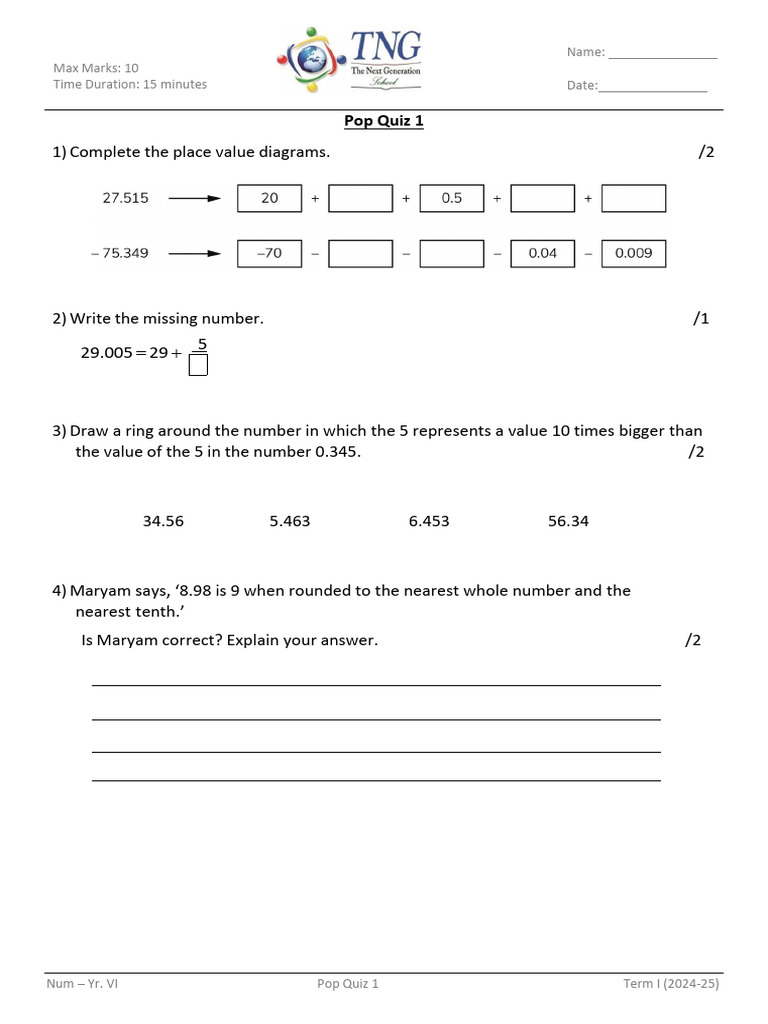 Year VI Term I Math Pop Quiz 2024-25 | PDF