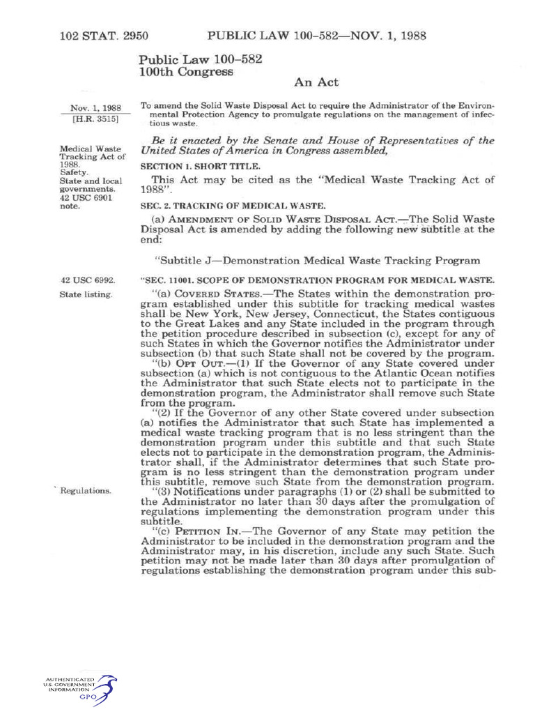 Medical Waste Tracking Act of 1988 | PDF | Waste | Resource ...