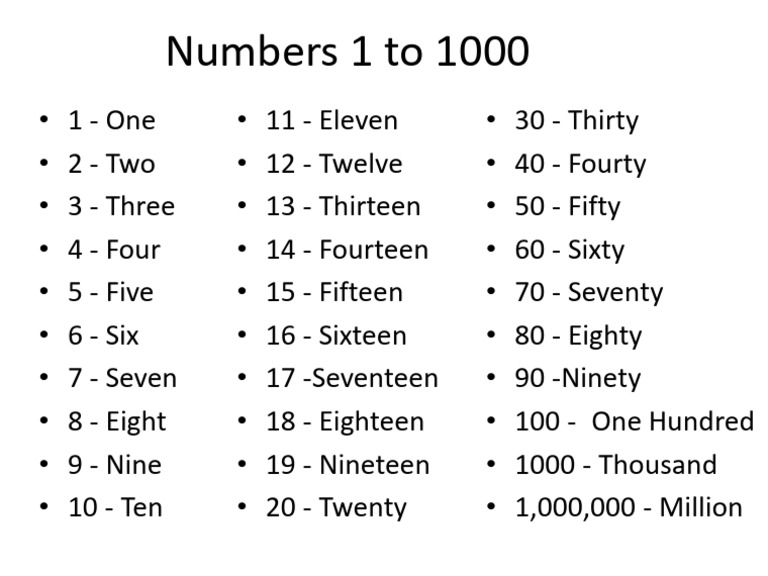 Numbers 1 to 1000 in Words | PDF