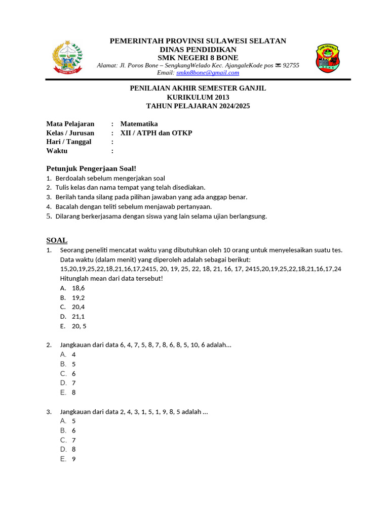 Soal Pas Ganjil Kelas Xii 2024-2025 | PDF