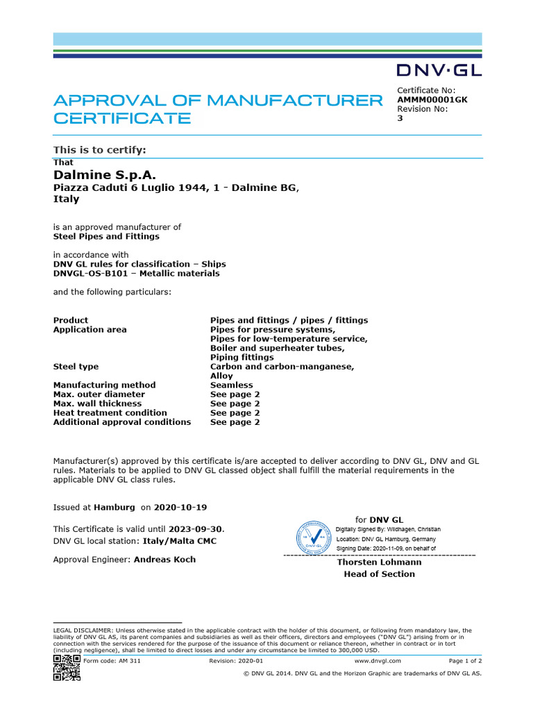 Dalmine S.p.A. Steel Pipe Approval Certificate | PDF | Pipe (Fluid ...