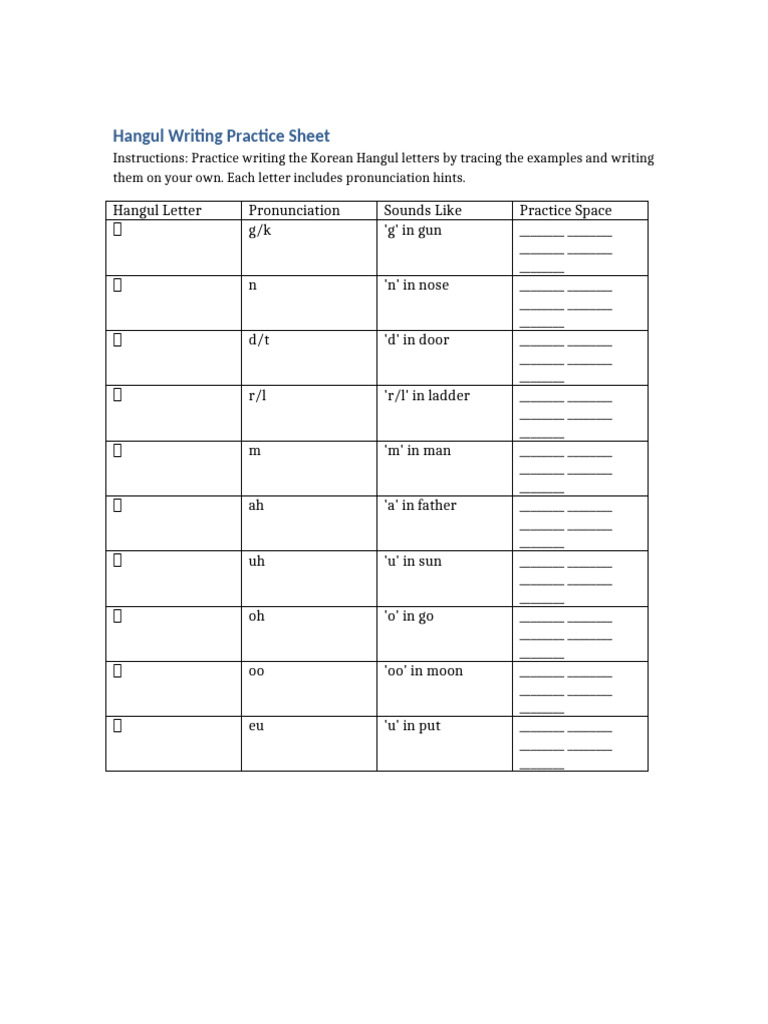 Hangul Writing Practice Sheet Structured | PDF | Politics Of Korea ...