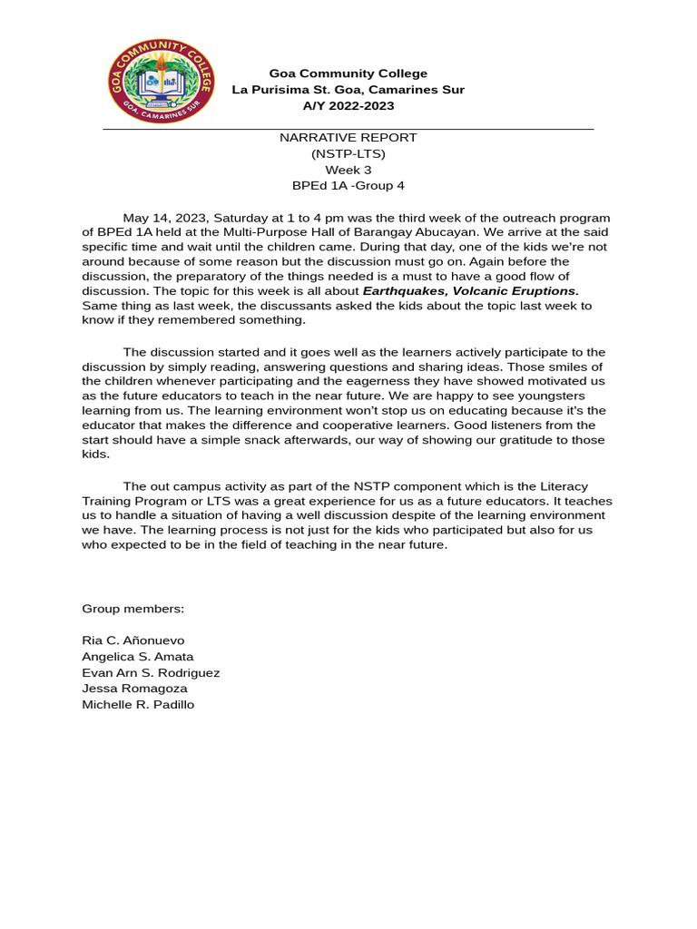 NSTP-LTS Week 3 Outreach Report | PDF