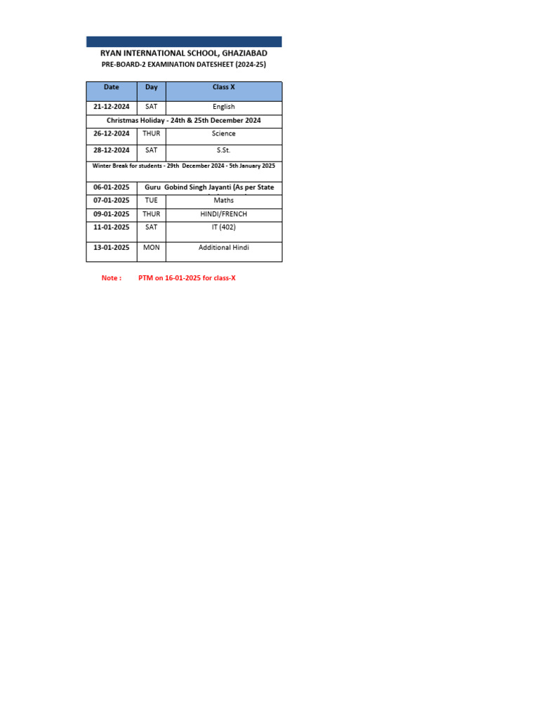 Date Sheet Pre Board 2 Examinations Classes X (2024 2025) | PDF