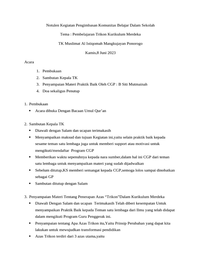 Notulen Kegiatan Pengimbasan Komunitas Belajar Dalam Sekolah | PDF