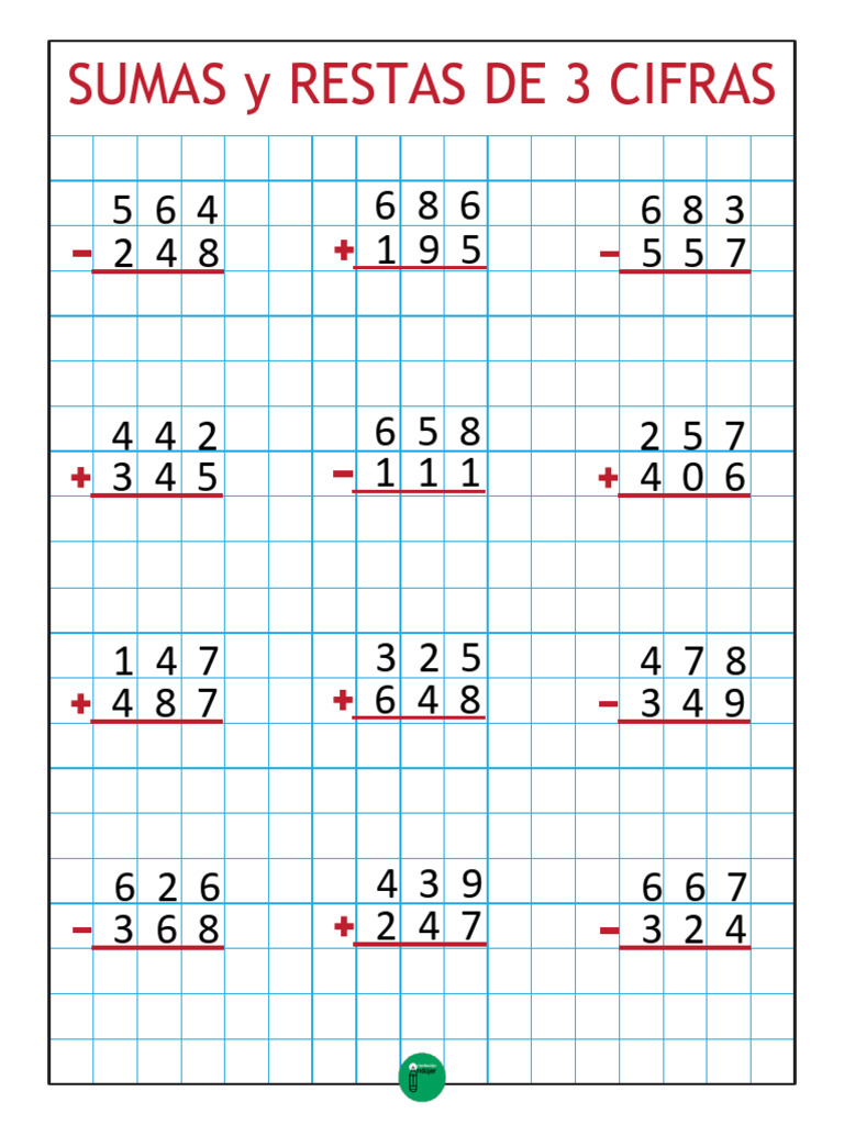 Ejercicios De Sumas Y Restas 3 Cifras Pdf