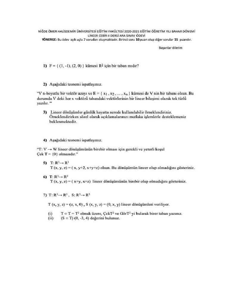 Liner Cebir 2 Ara Sınav. | PDF