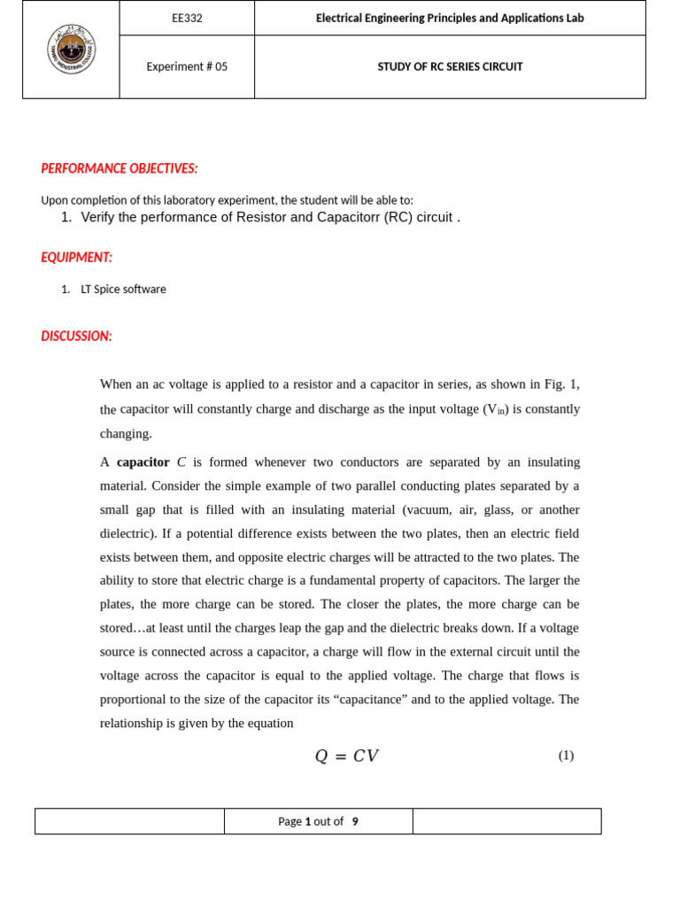 EE332 NEW Lab Notes Exp 05 | PDF | Capacitor | Electrical Network