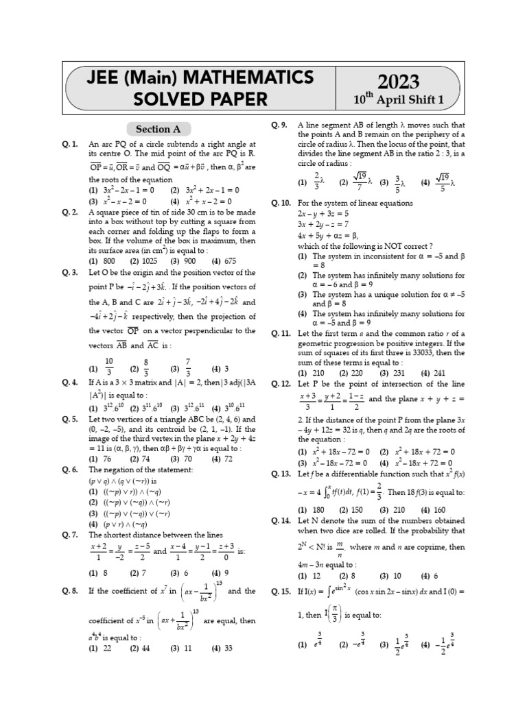 JEE Mains Mathematics 2023 10-April-Shift 1 | PDF | Circle | Equations