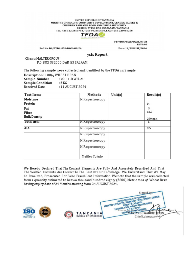 Wheat Bran Analysis Certificate | PDF