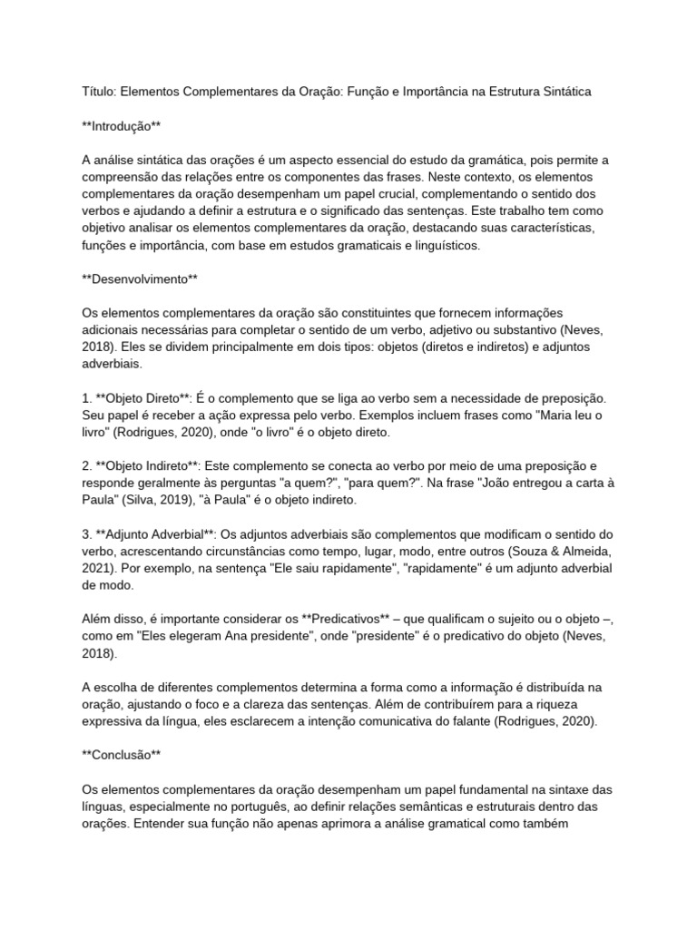 Título - Elementos Complementares Da Oração - Função e Importância Na ...