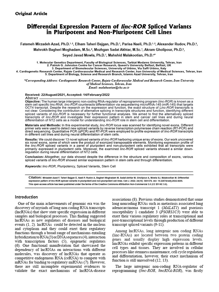 Differential Expression Pattern of Linc-ROR Splice | PDF | Reverse ...