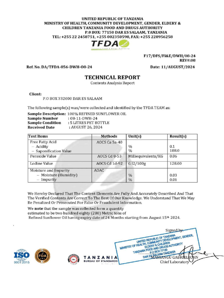 Analysis Report For Refined Sunflower Oil | PDF