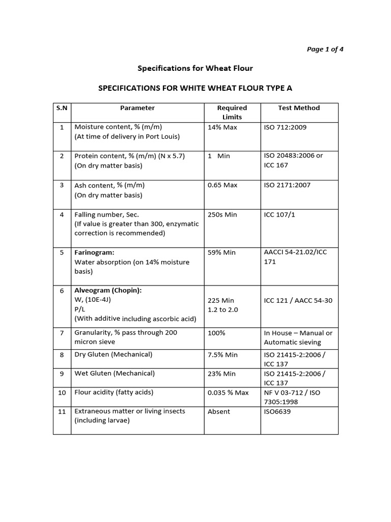 Specifications For Wheat Flour | PDF | Flour | Gluten