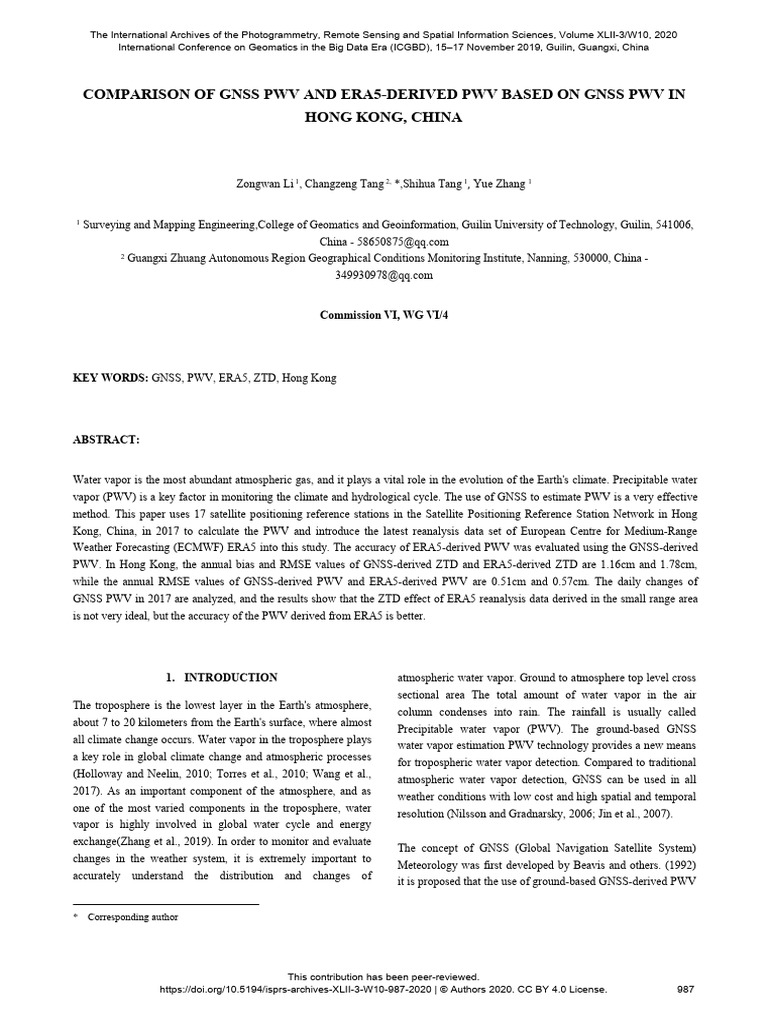 Comparison of GNSS PWV and Era5-Derived PWV Based | PDF | Water Vapor ...