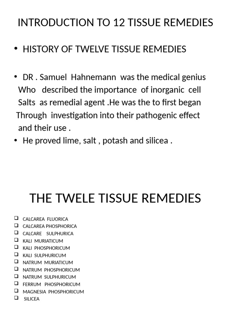 Introduction To 12 Tissue Remedies | PDF | Homeopathy | Chemistry