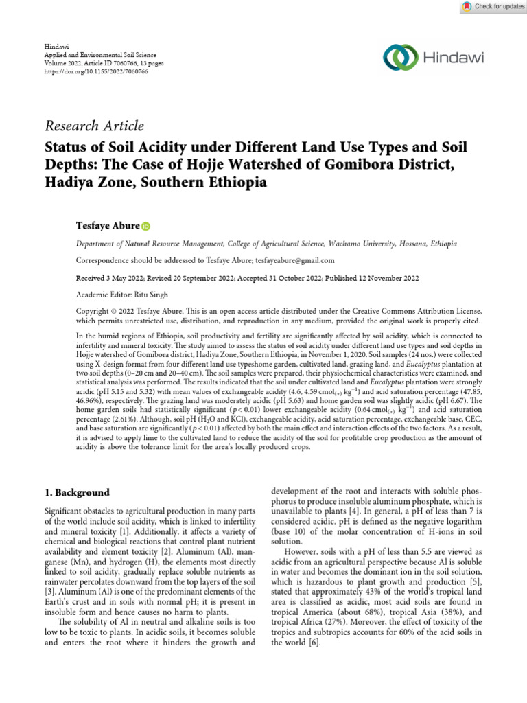 Applied and Environmental Soil Science - 2022 - Abure - Status of Soil Acidity Under Different ...