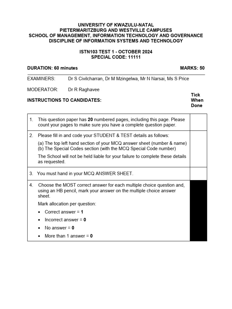 ISTN103 Test 1 2024 Final For Print | PDF | Multiple Choice