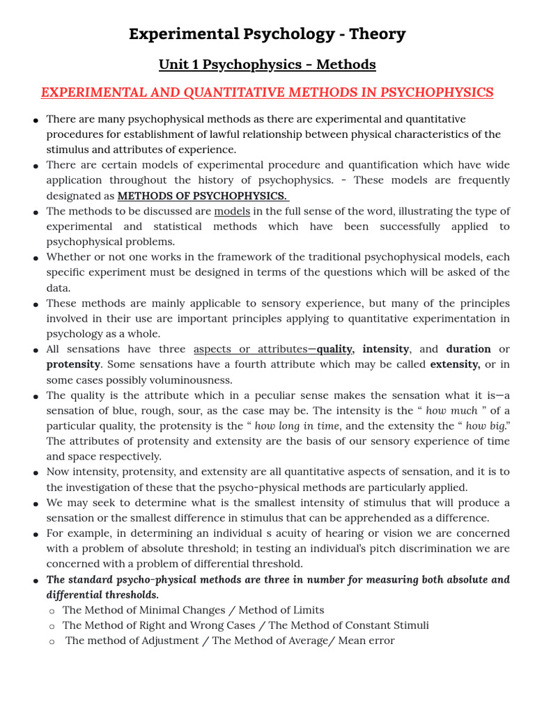 UNIT 1 - Methods in Psychophysics | PDF | Psychophysics | Cognitive Science