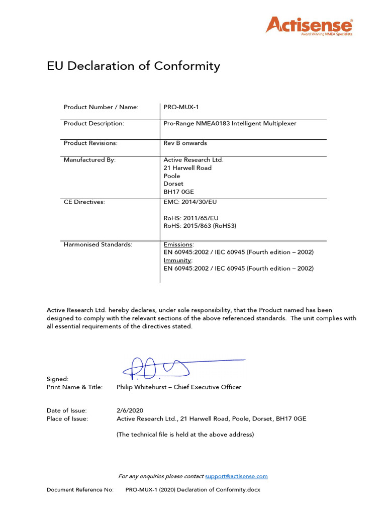NMEA Multiplexer Pro-Mux-1 - Declaration of Conformity | PDF