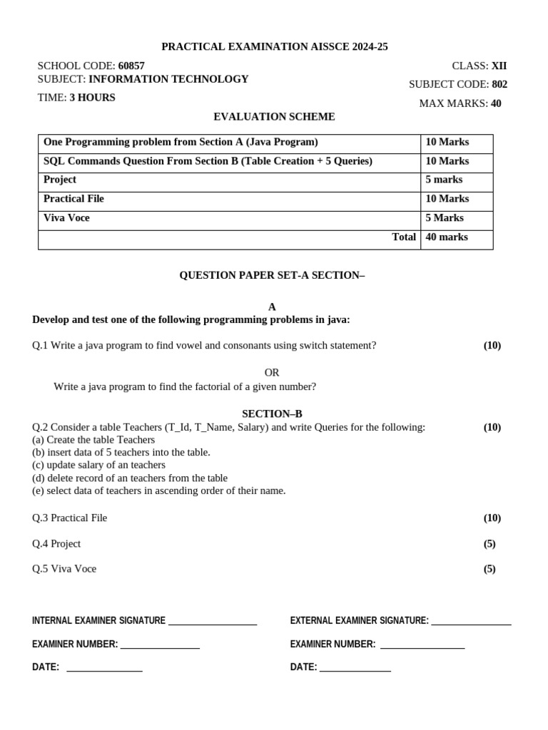 AISSCE 2024-25 Question Paper IT Practical' | PDF | Sql | Data Management