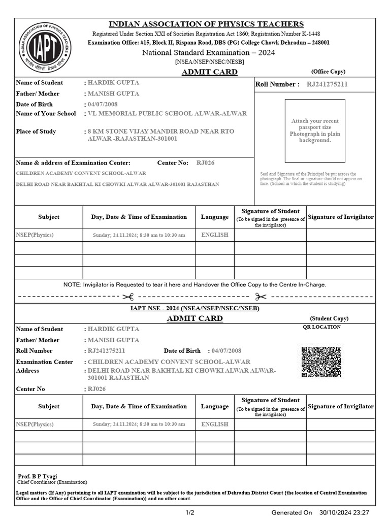 IAPT NSE 2024 Admit Card Details | PDF