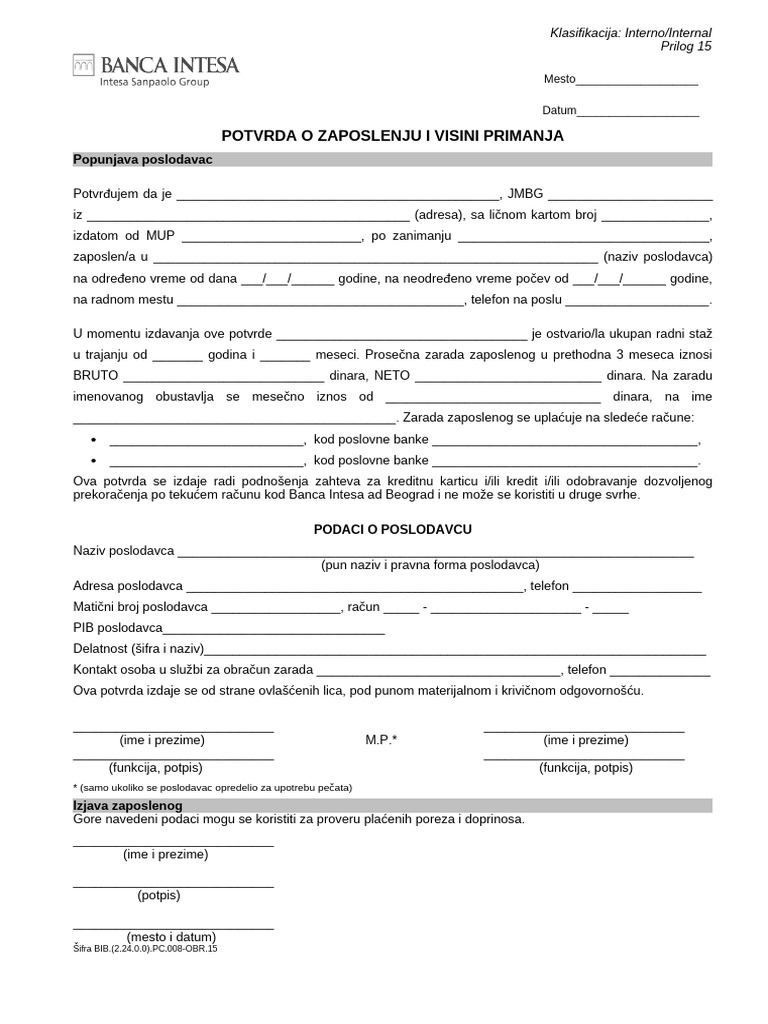 Prilog 15 - Potvrda o Zaposlenju I Visini Primanja | PDF