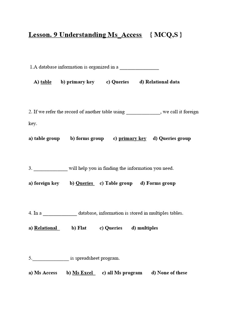Understanding MS Access Basics MCQs | PDF