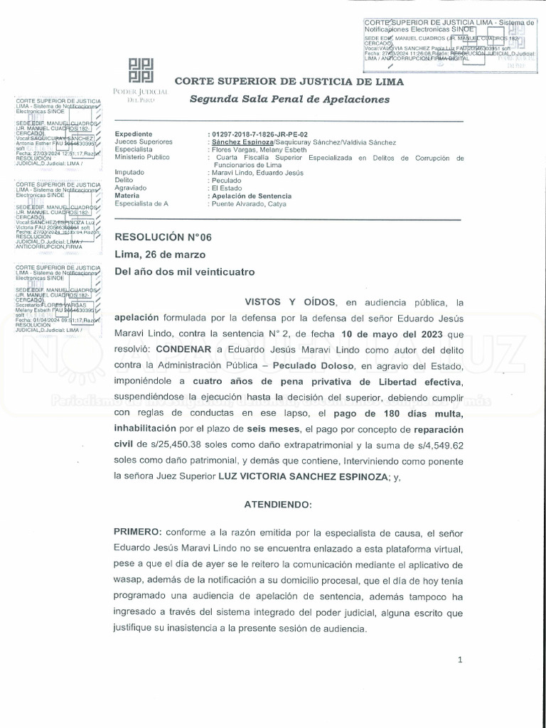 [A4] RESOLUCIÓN N° 06; 26 MAR. 2024. FIRME condena. Exp. n.° 01297-2018 ...
