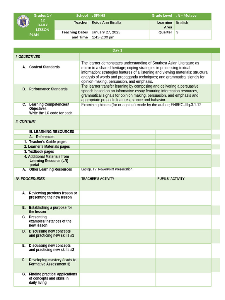 DLP Template English | PDF | Learning | Teachers