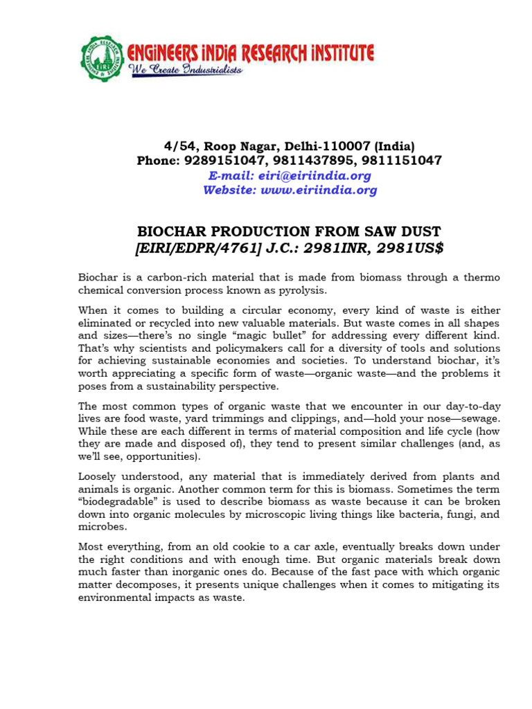 Biochar Production from Saw Dust | PDF | Pyrolysis | Materials