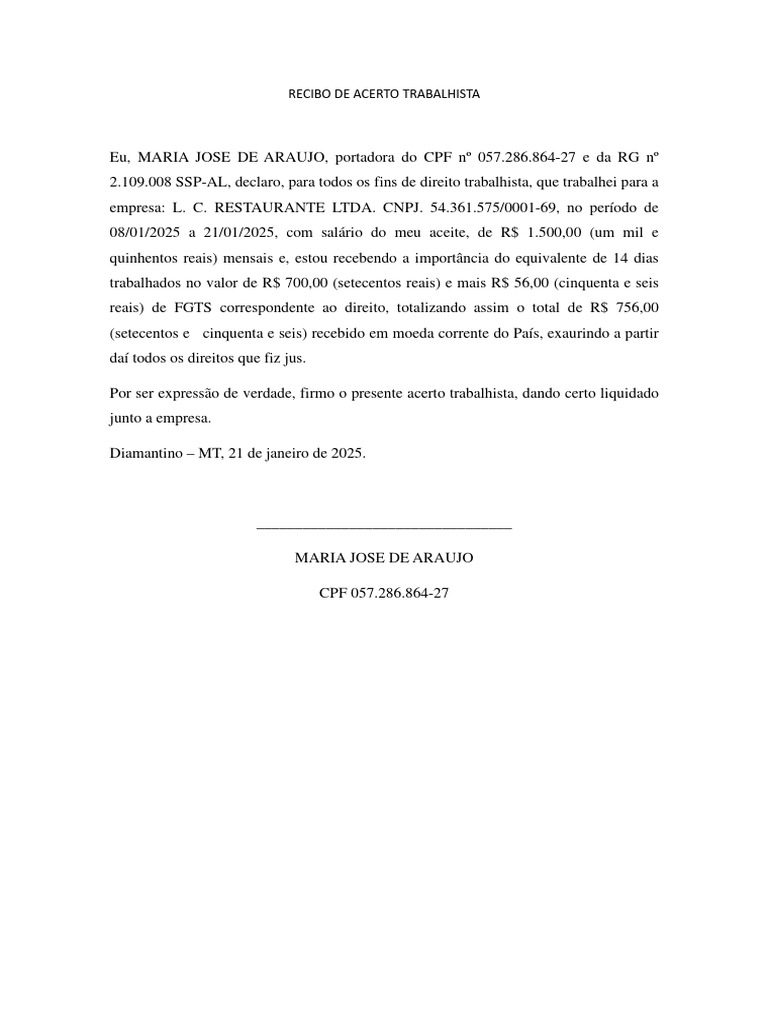 Recibo de Acerto Trabalhista | PDF