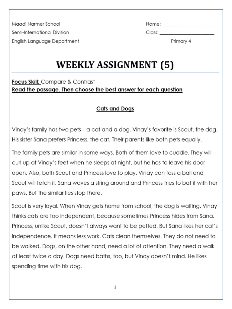Weekly English Assignment for Primary 4 | PDF | Cats