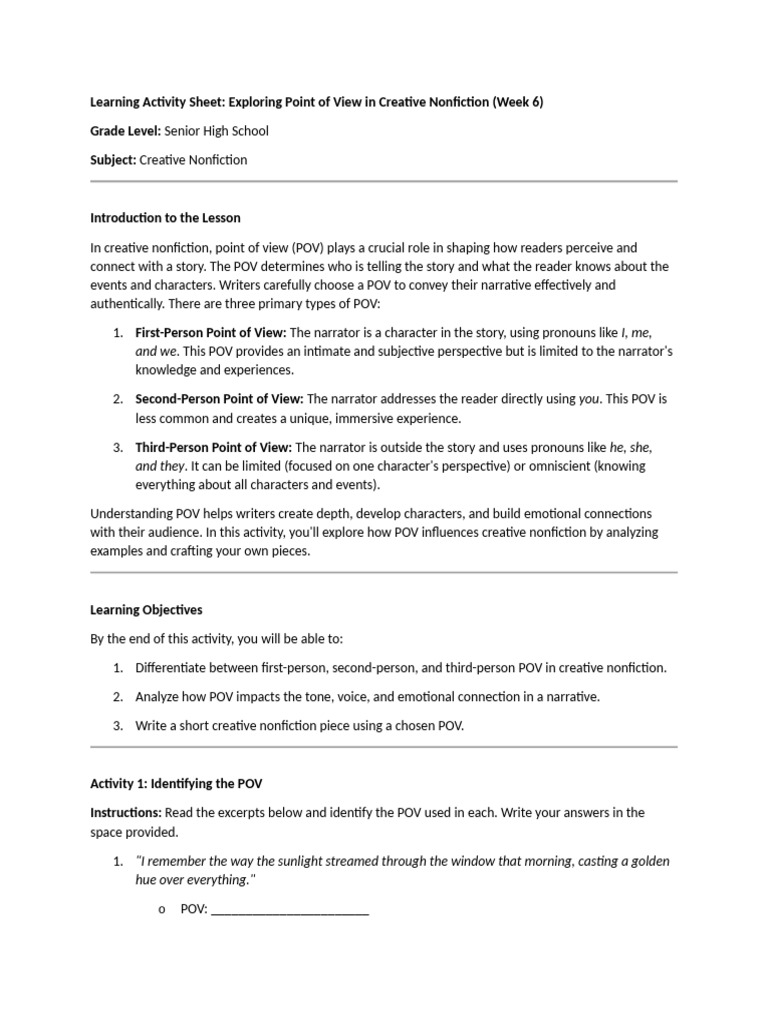 Understanding POV in Creative Nonfiction | PDF | Narration | Human ...