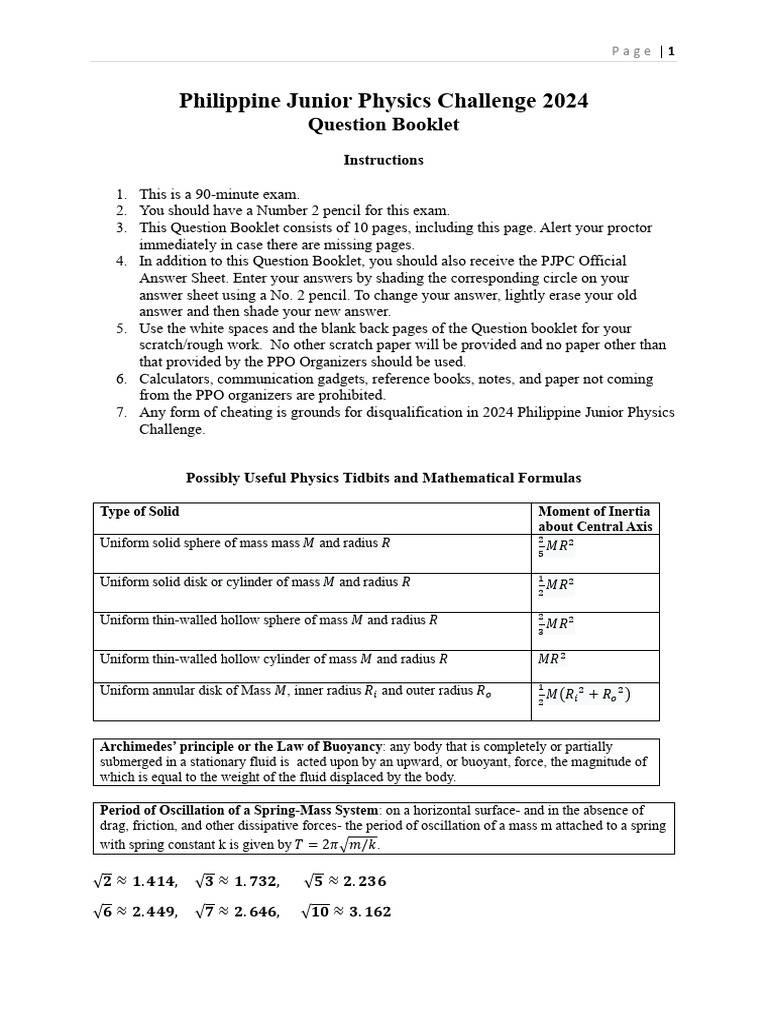 Philippine Junior Physics Challenge 2024 Question Booklet Released and Reformatted Version | PDF ...