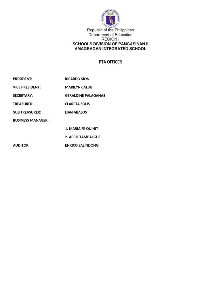 PTA OFFICER 2024-2025 Sample | PDF