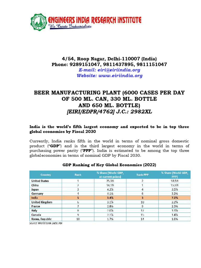 Project Report On BEER MANUFACTURING PLANT (6000 CASES PER DAY OF 500 ...
