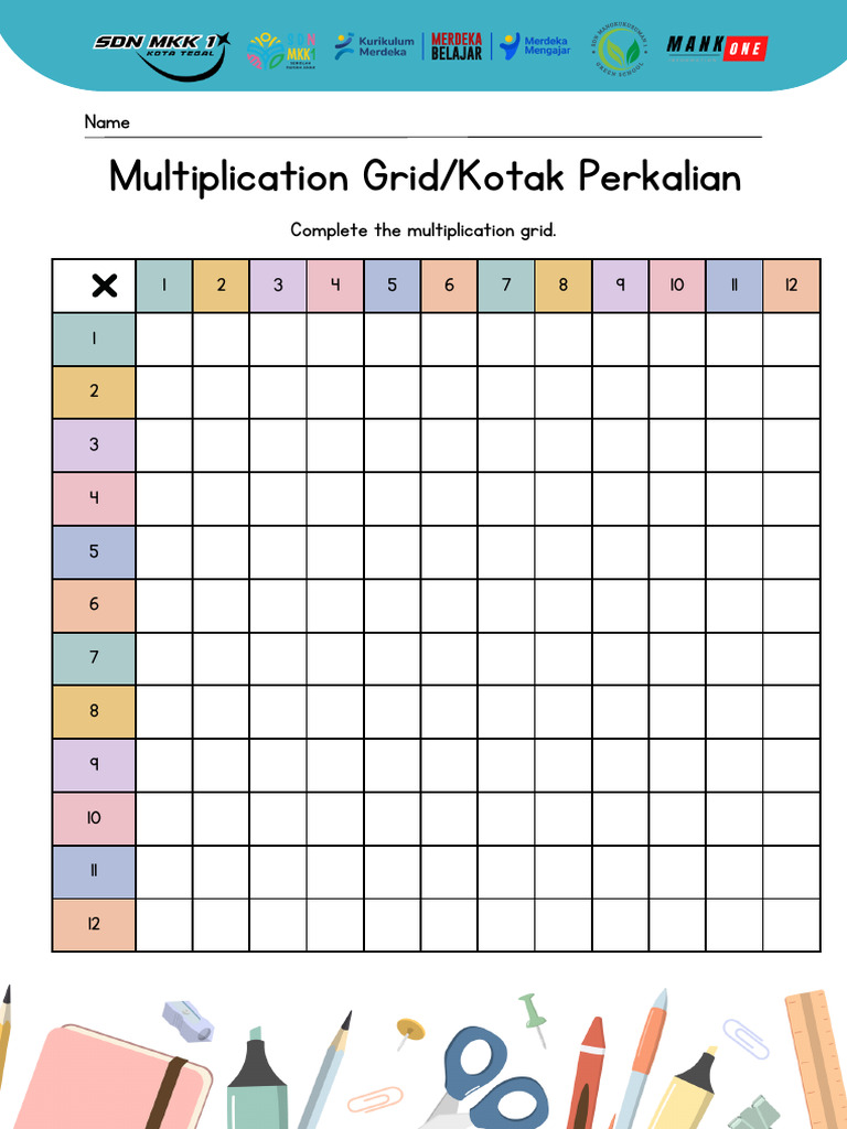 Multiplication Grid Worksheet in Pastel Colors Lined Style | PDF