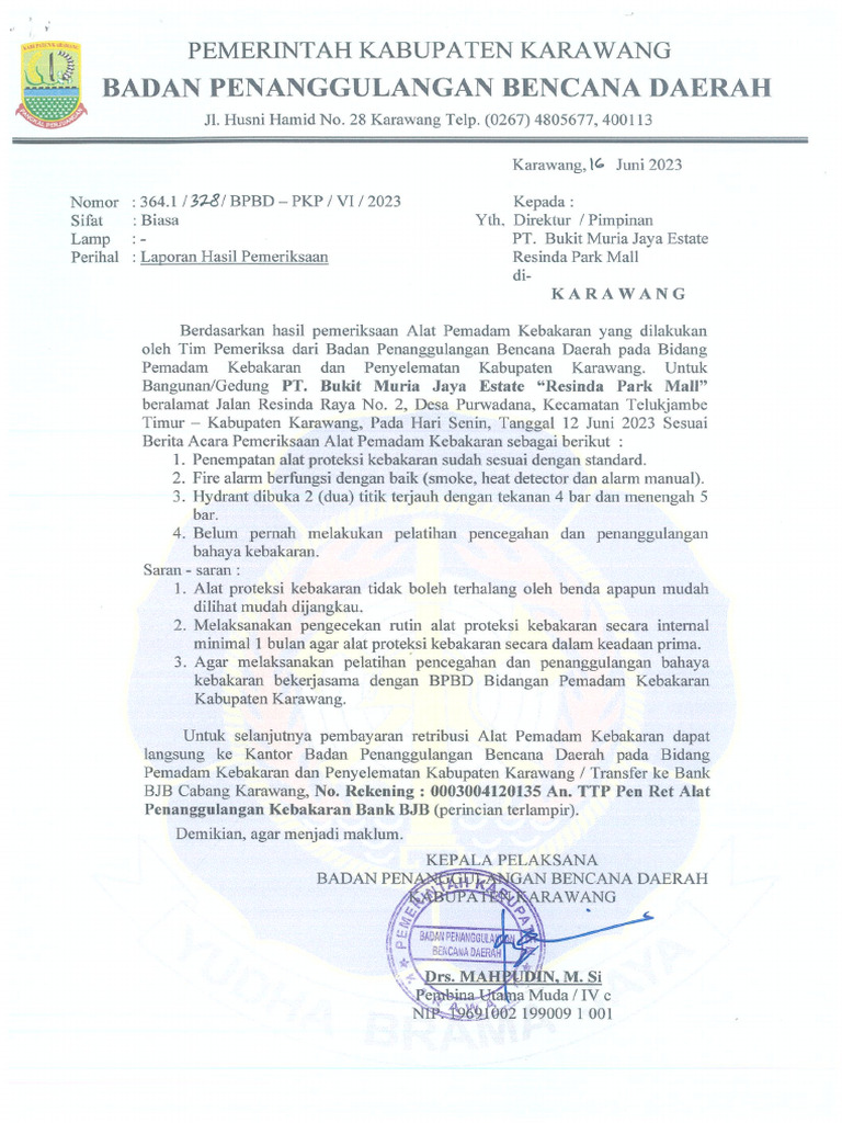 Laporan Hasil Pemeriksaan + Retribusi Damkar 2023-1-2 | PDF